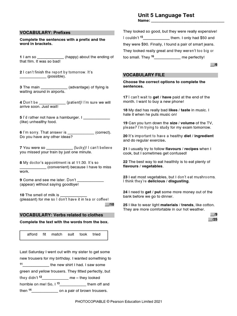 Unit 5 Language Test: VOCABULARY: Prefixes | Download Free PDF | Food ...