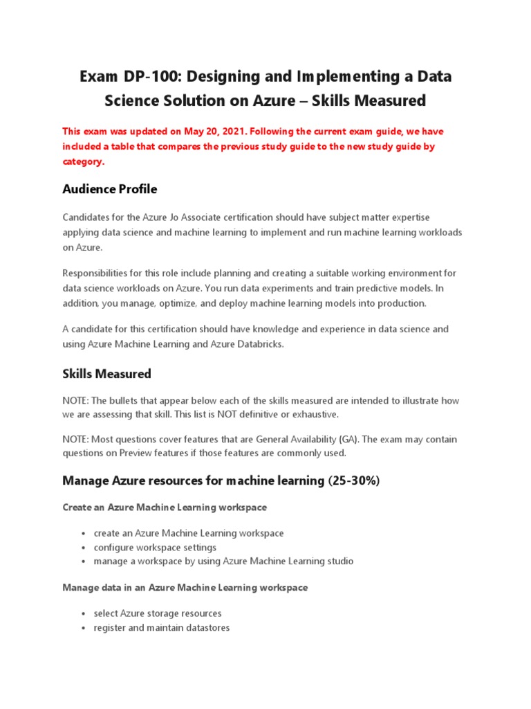 Azure DP-100 Exam Skills Guide | PDF | Machine Learning | Microsoft Azure