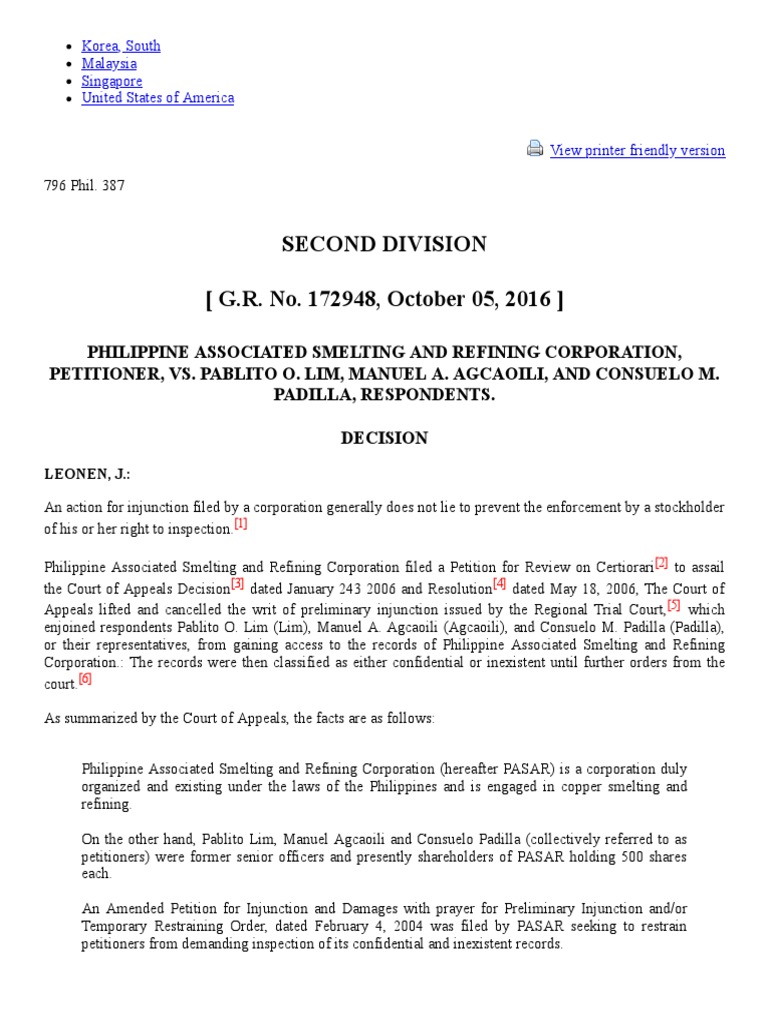 Philippine Associated Smelting and Refining Corp. (PASAR) vs. Lim | PDF ...