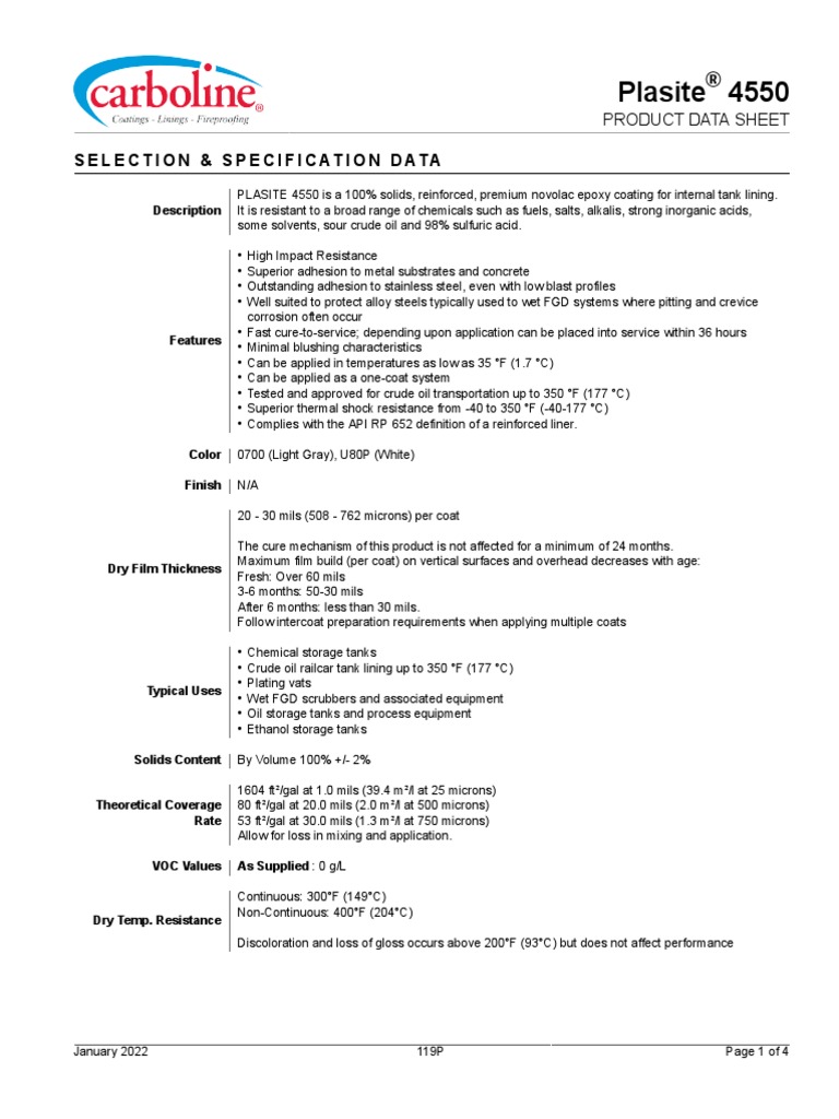 Plasite 4550: Selection & Specification Data | PDF | Petroleum ...