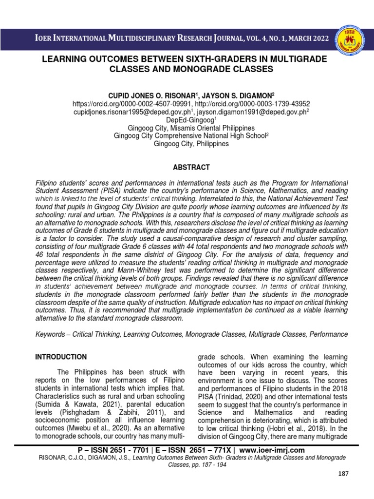 Learning Outcomes Between Sixth - Graders in Multigrade Classes and ...