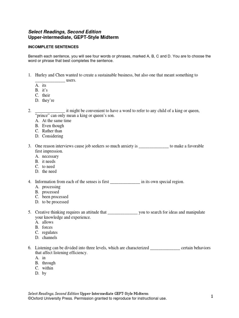 Upper-Intermediate, GEPT-Style Midterm: Select Readings, Second Edition ...