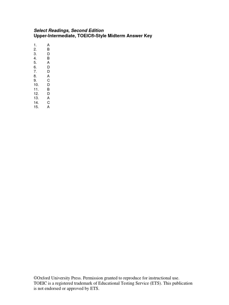 Upper-Intermediate, TOEIC®-Style Midterm Answer Key: Select Readings, Second Edition | PDF