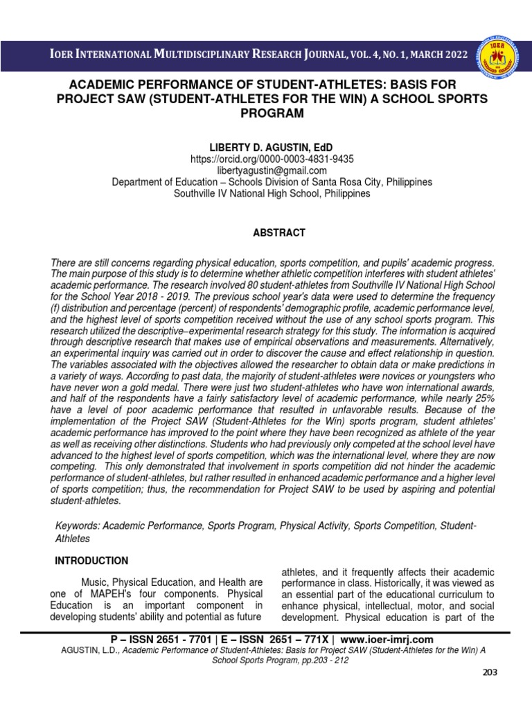 Academic Performance of Student-Athletes Basis For Project SAW (Student ...