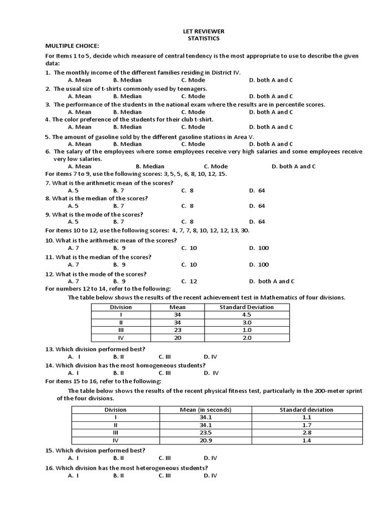 Let Reviewer Statistics Multiple Choice | PDF | Student's T Test | P Value