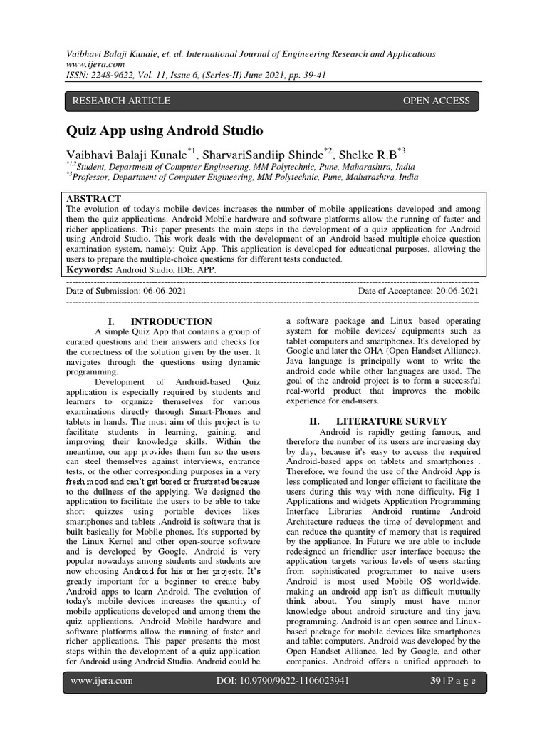Quiz App Using Android Studio: Vaibhavi Balaji Kunale, Sharvarisandiip Shinde, Shelke R.B ...