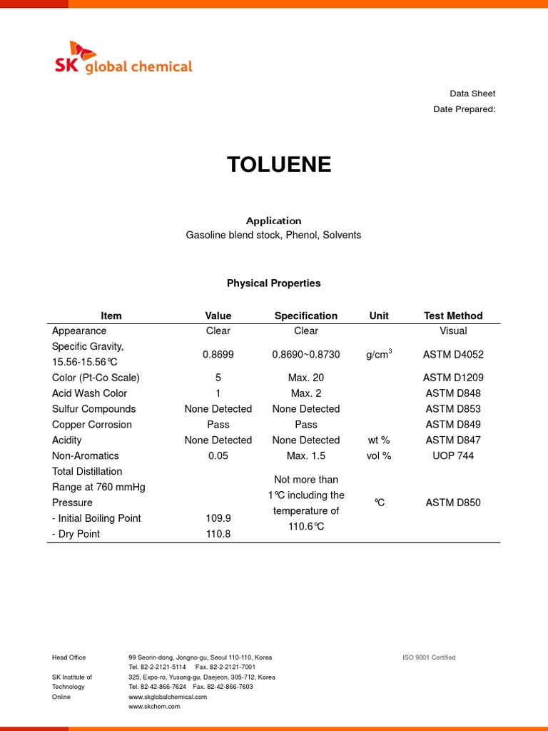 Datasheet Toluene Aromatics e | PDF | Chemistry | Toluene