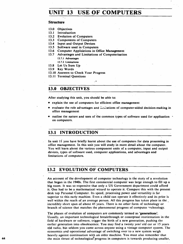 Unit 13 Use of Computers: 13.0 Objectives | PDF | Computer Terminal ...