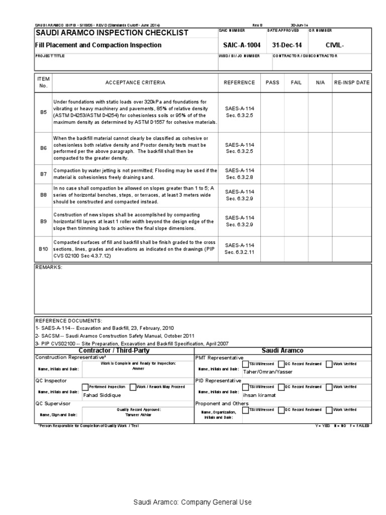 Saudi Aramco Inspection Checklist: Fill Placement and Compaction ...