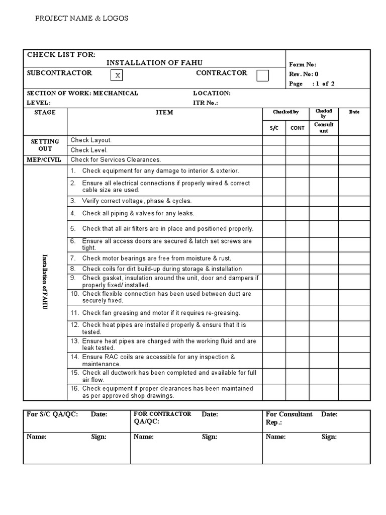 FAHU Installation Checklist | PDF | Duct (Flow) | Manufactured Goods