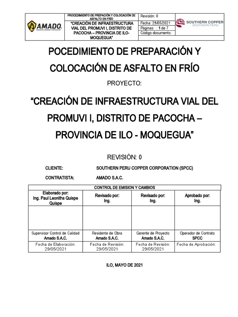 Proded. Amado Sac. Preparación y Colocación de Asfalto en Frío ...