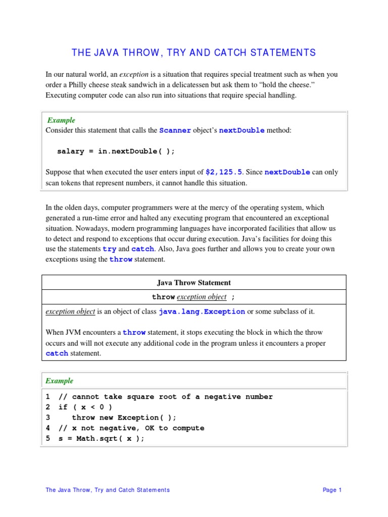 The Java Throw, Try and Catch Statements: Example | PDF | Class (Computer Programming) | Java ...