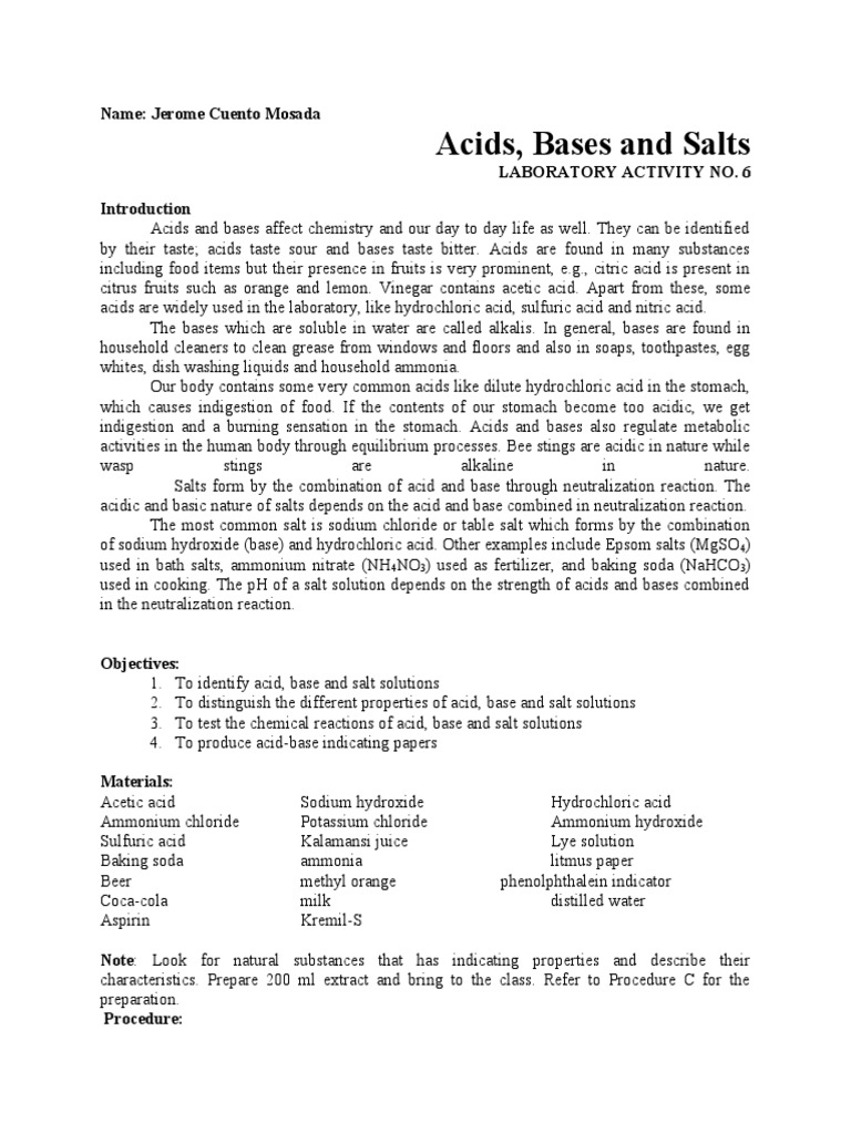 LAB ACT 6 aCIDS, bASE AND sALTS | PDF | Salt (Chemistry) | Acid
