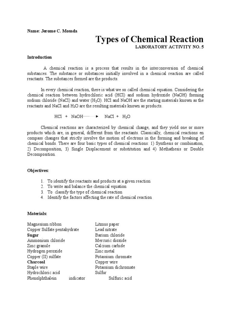 LAB ACT 5 Types of Chemical Reactions | PDF | Chemical Reactions ...