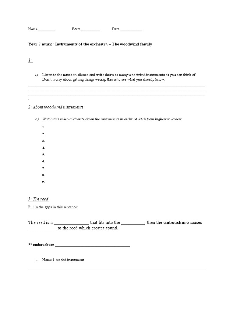 Woodwind Family Worksheet for Year 7 | PDF | Language Arts & Discipline