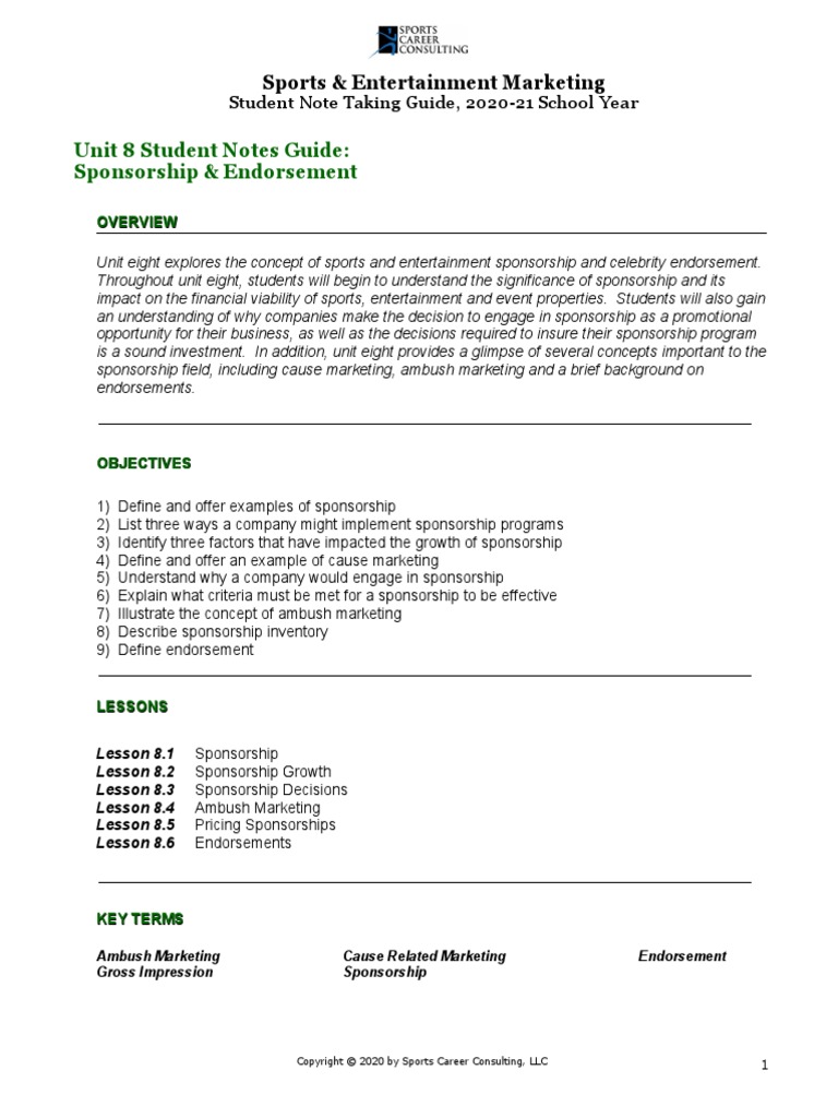 Unit 8 Student Notes Guide: Sponsorship & Endorsement: Sports ...