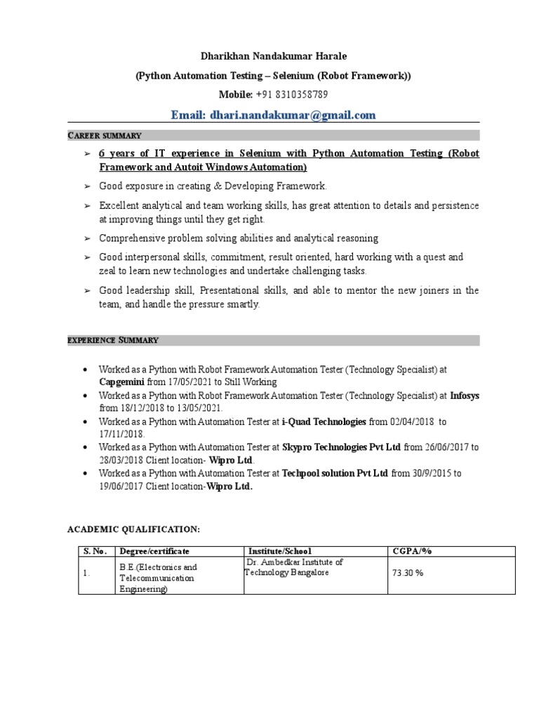 Python Automation Testing Resume of Dharikhan Nandakumar Harale ...