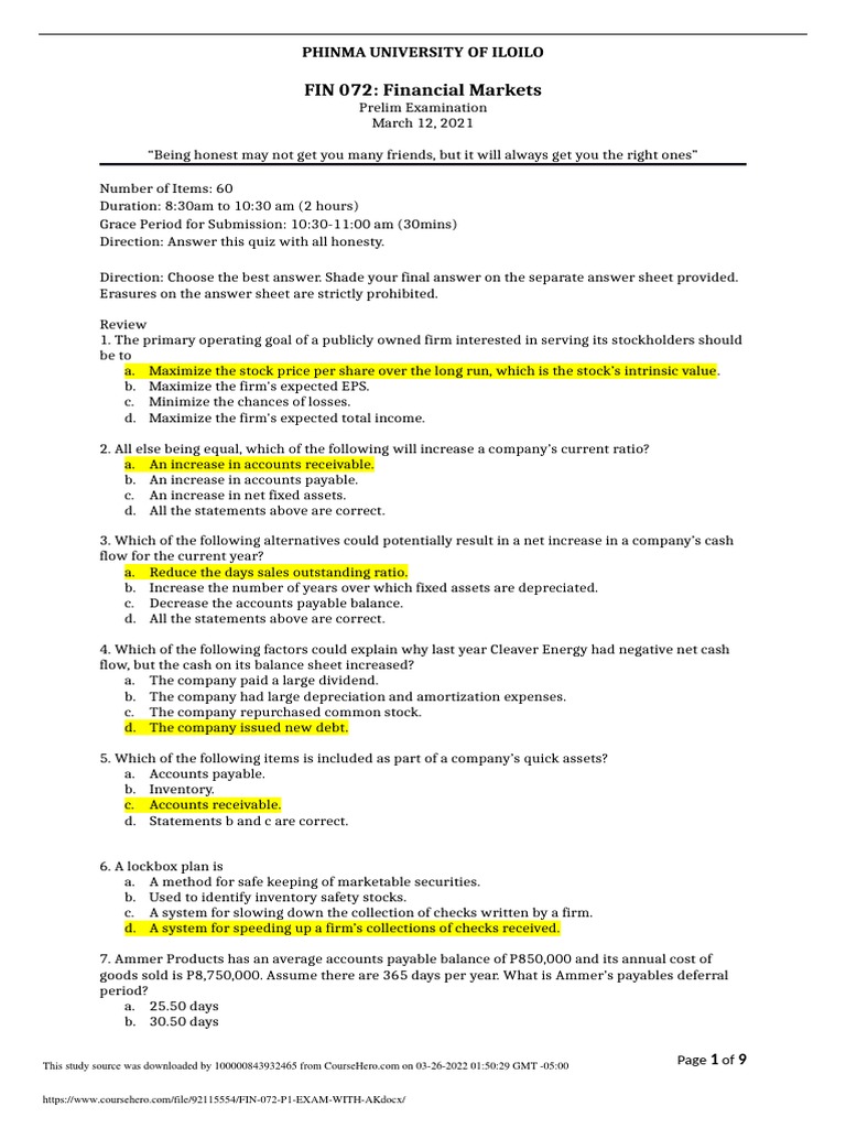FIN 072 Financial Markets Prelim Exam | PDF | Interest | Present Value