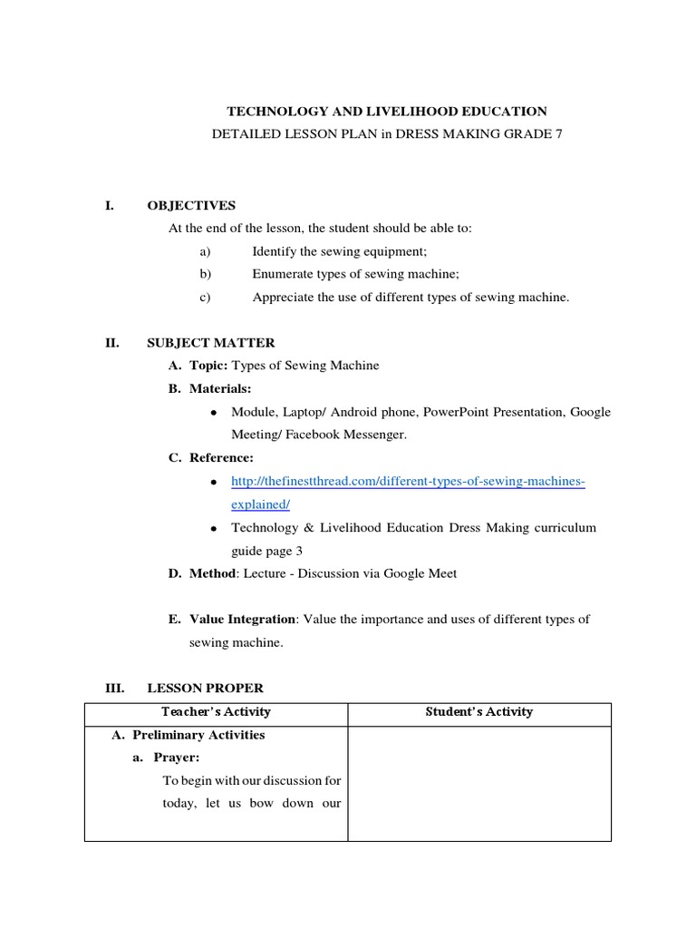 Sewing Machine Detailed Lesson Plan | PDF | Sewing | Sewing Machine