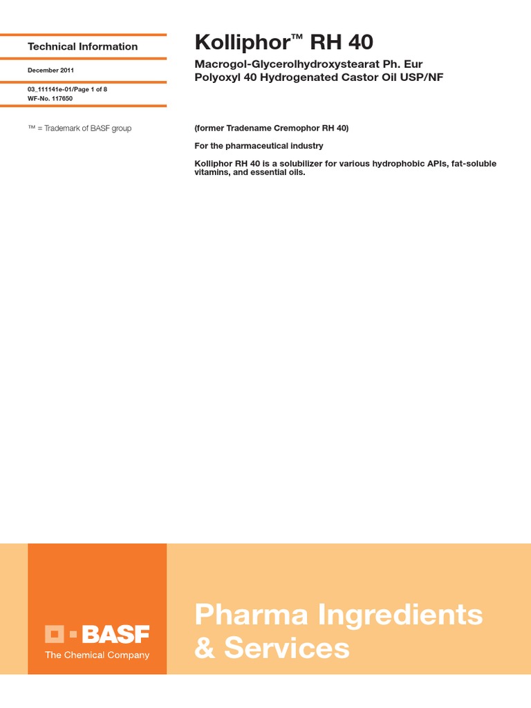 Kolliphor RH 40 | PDF | Solubility | Ph