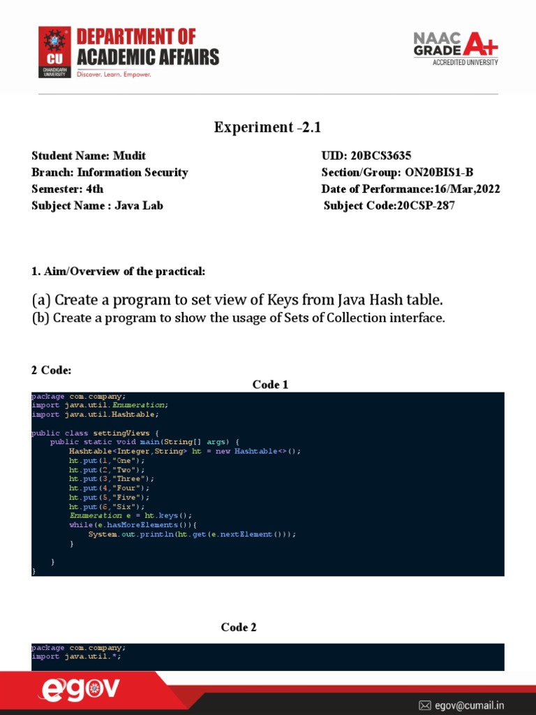 Experiment - 2.1: (A) Create A Program To Set View of Keys From Java Hash Table | PDF ...