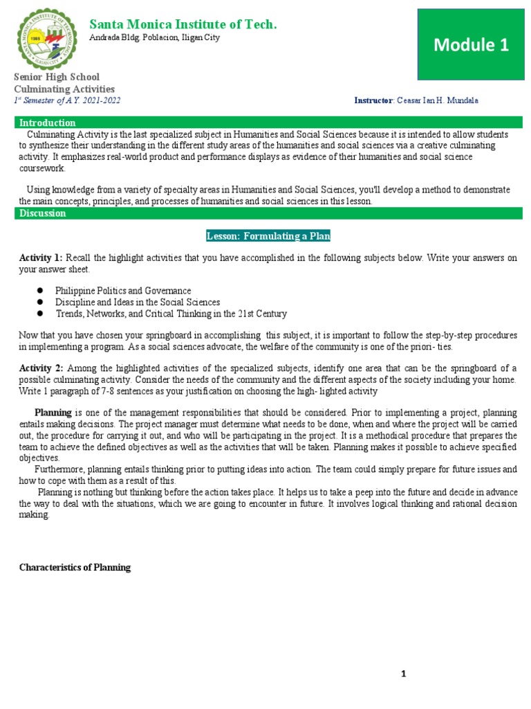 Santa Monica Institute of Tech.: Senior High School Culminating ...