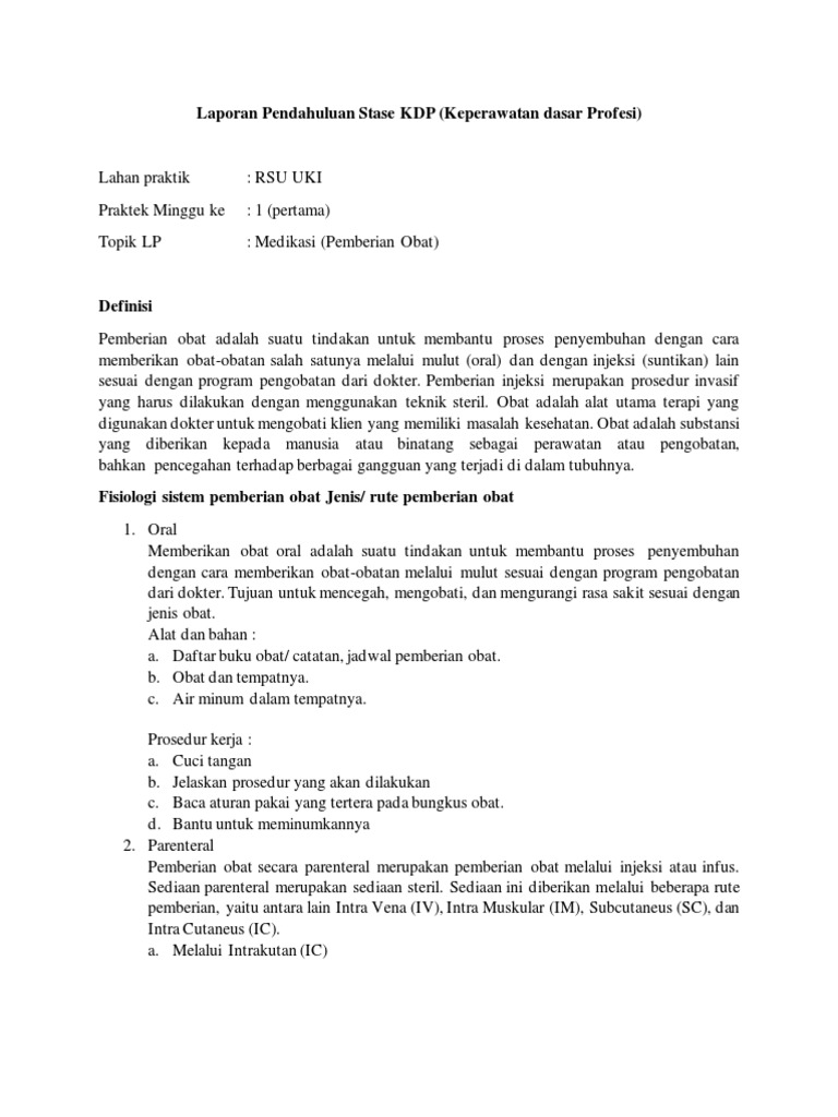 Laporan Pendahuluan Stase KDP (MEDIKASI) | PDF