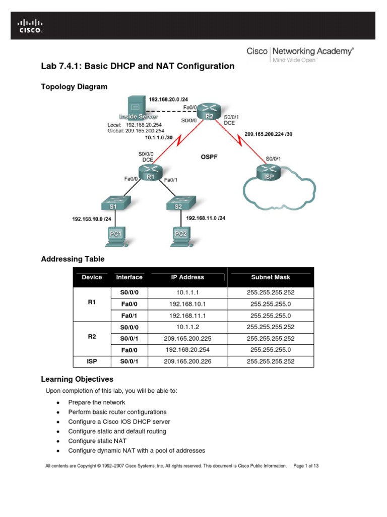 LAB - Basic DHCP and NAT Configuration | PDF | Ip Address | Router (Computing)