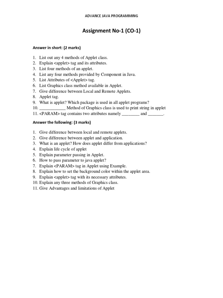 Advance Java Programming Assignments Covering Applets, AWT, Swing, Database, Servlets and JSP ...