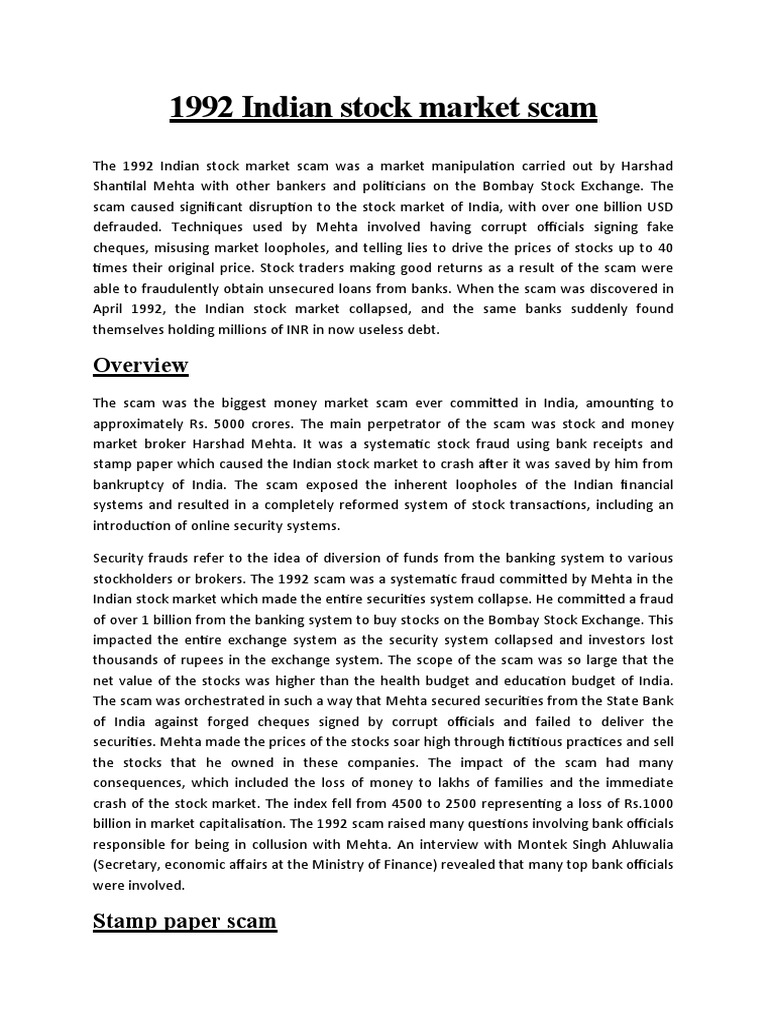 1992 Indian Stock Market Scam | PDF | Financial Services | Market ...