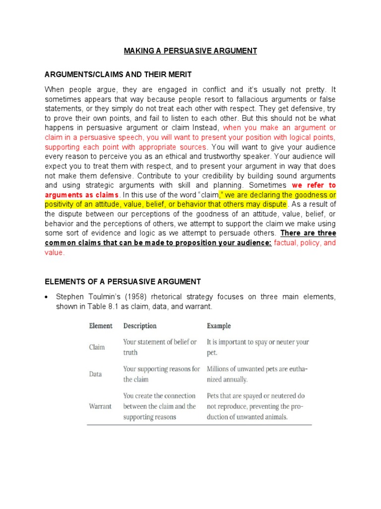 Making A Persuasive Argument Arguments/Claims and Their Merit | PDF ...