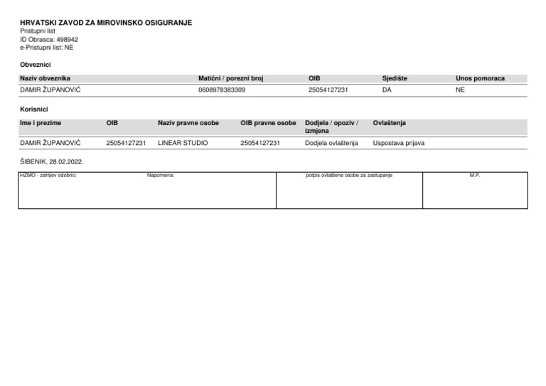 Hzmo Pristupni List 498942 | PDF