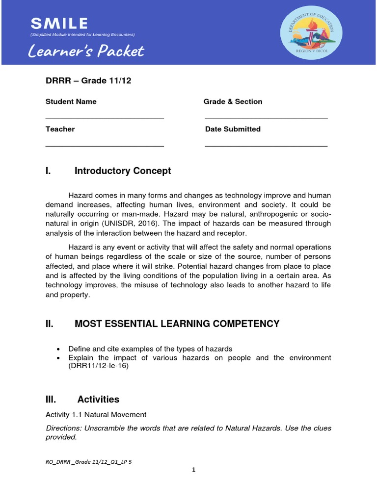 DRRR - Grade 11/12: I. Introductory Concept | PDF | Hazards | Natural ...
