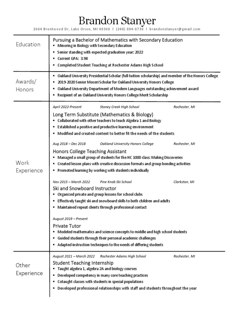 Resume Brandon Stanyer 2022 | PDF | Schools | Teachers