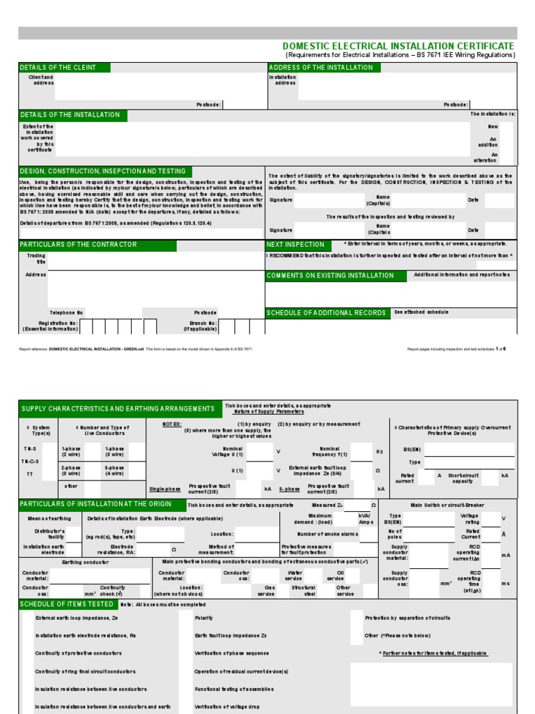 Domestic Electrical Installation Certificate (Requirements For ...