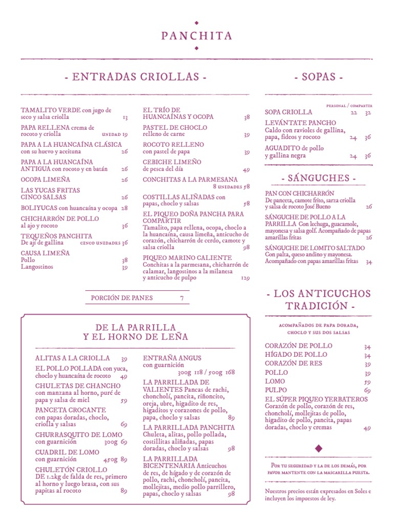 Menú del Restaurante Panchita | PDF | Alimentos preparados | Comida y ...
