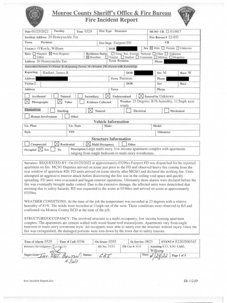 Pines of Perinton: Fire Bureau Report | PDF