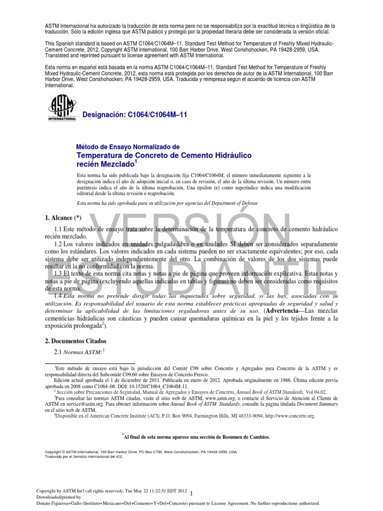 Astm C 1064 Temperatura | PDF | Hormigón | Medición