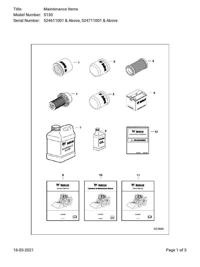 Title: Maintenance Items Model Number: S130 Serial Number: 524611001 ...