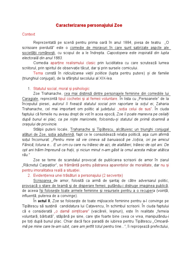 Caracterizare Zoe | PDF