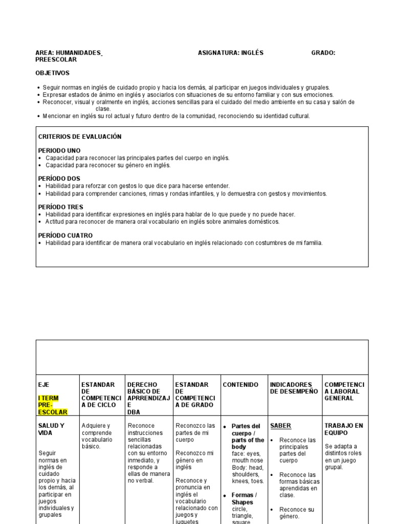 Plan de Estudio Ingles Preescolar | PDF | Educación de la primera ...