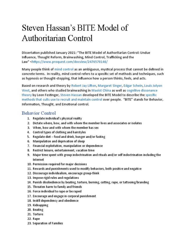 Steven Hassan's BITE Model of Authoritarian Control | PDF | Psychology ...