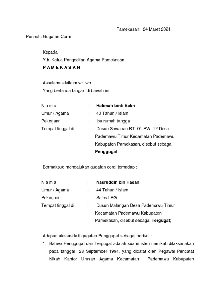 Contoh Surat Gugatan Permohonan | PDF