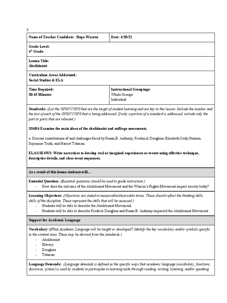 Mini Lesson Plan 3 | PDF | Abolitionism In The United States ...
