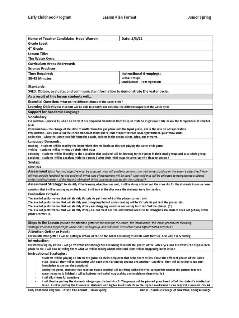 Lesson Plan Water Cycle | Download Free PDF | Cognitive Science ...