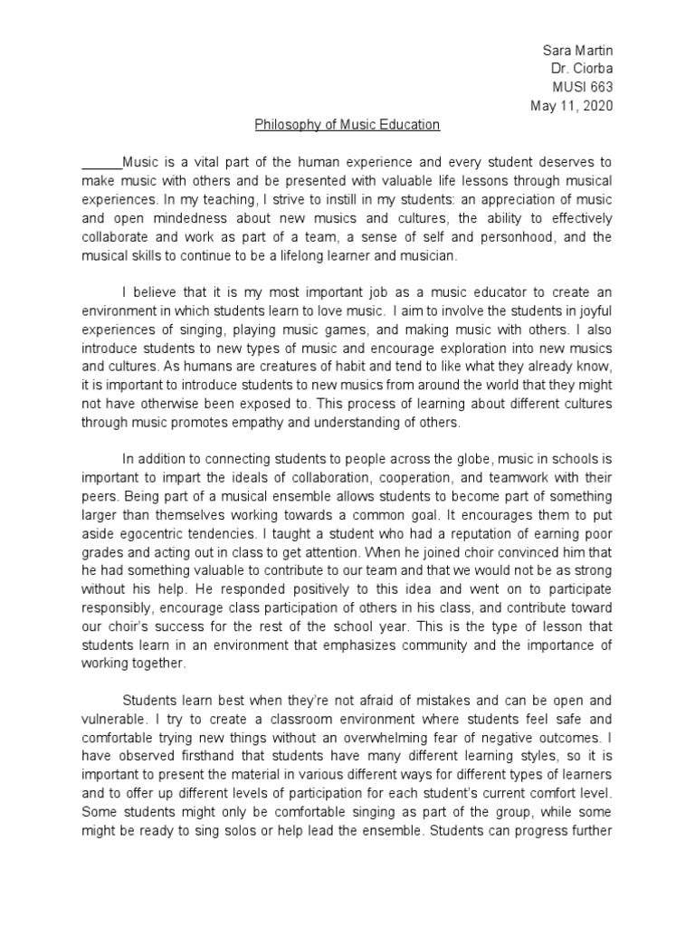 Philosophy of Music Education Insights | PDF | Learning | Classroom