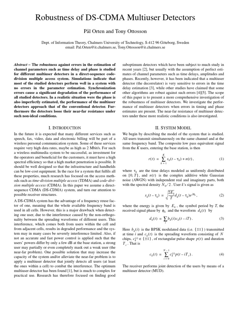 Robustness of DS-CDMA Multiuser Detectors: Pål Orten and Tony Ottosson | PDF | Channel Access ...