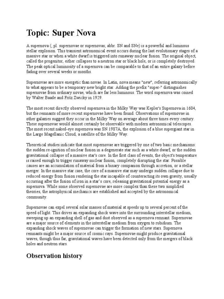 Topic: Super Nova: Observation History | PDF | Supernova | Stars