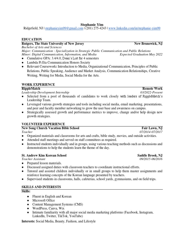 Stephanie Yim - Resume | PDF | Social Media | Popular Culture & Media ...