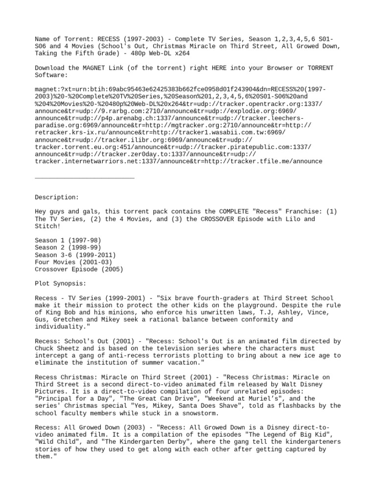 RECESS (1997-2003) - Complete TV Series, Season 1-6 S01-S06 and 4 ...